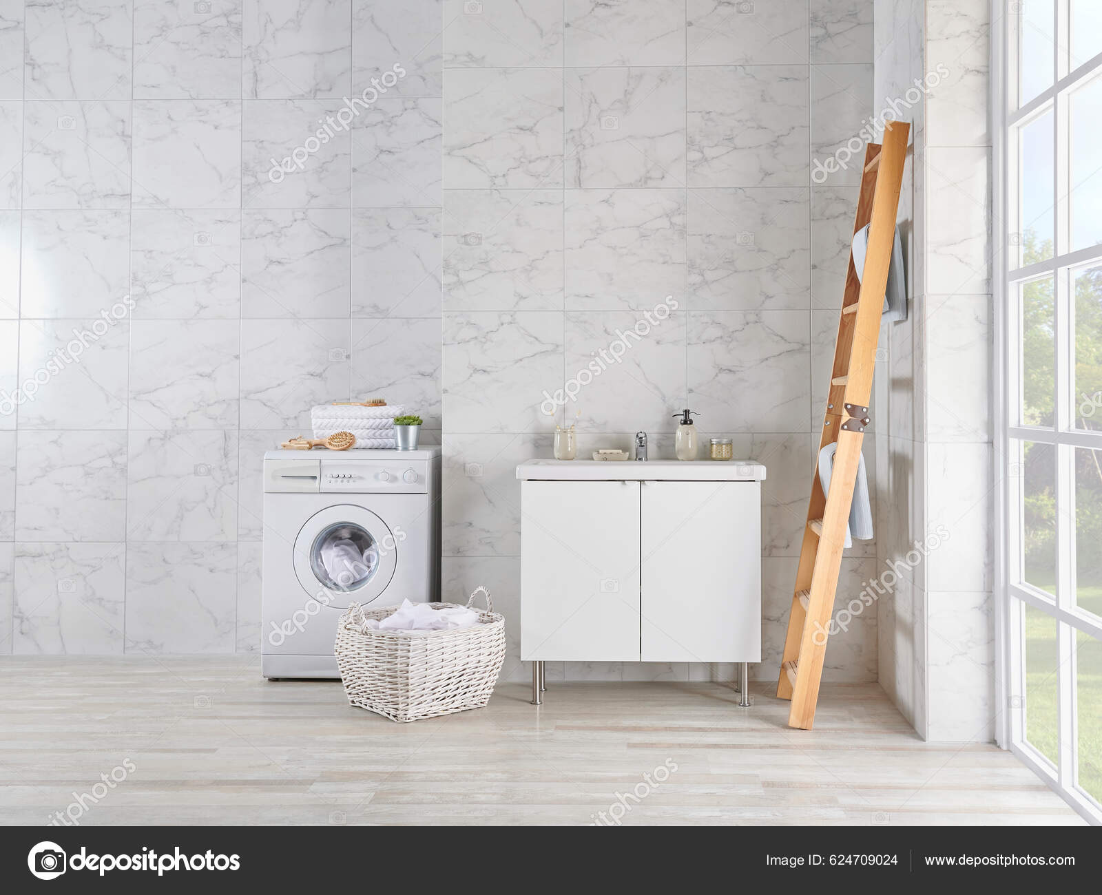 Modern Bath Room Washing Machine Cabinet Sink Style Mirror Wall — Stock ...