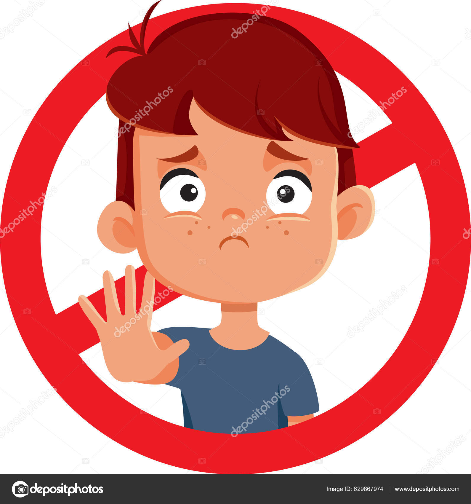 Sorglig Pojke Gör Stopp Gesture Förbjudet Tecken Vektor Tecknad ...