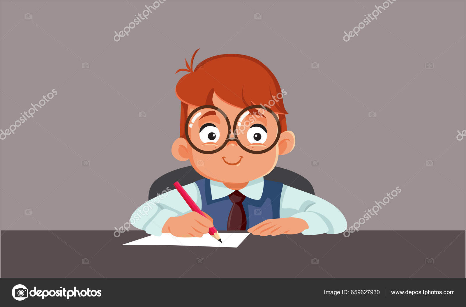 Schüler Schreiben Seinem Schreibtisch Der Schule Vector Cartoon ...