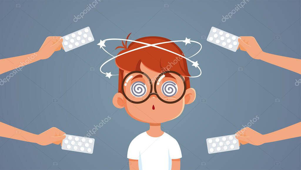 Enfermo niño mareado recibiendo medicamentos y tratamiento Vector ...