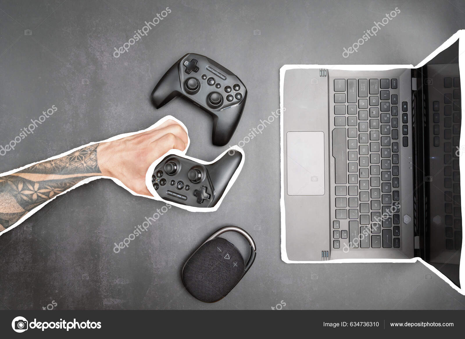 Flat Lay Out Man Holding Joystick Playing Games Modern Laptop — Stock ...