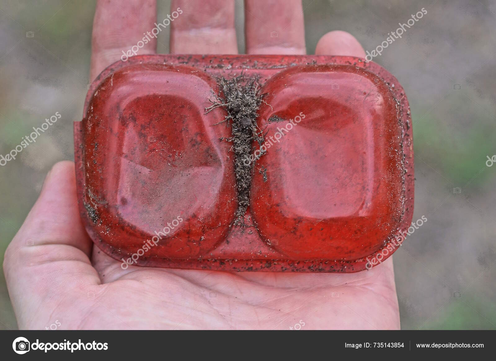 Hand Holding One Small Dirty Red Plastic Rectangular Box Gray — Stock ...