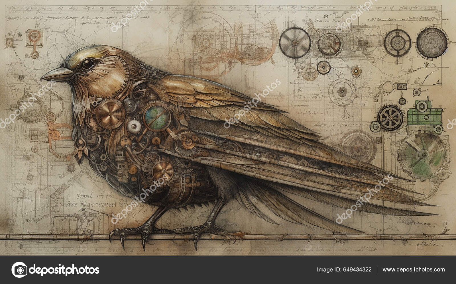 Steampunk Inventions Old Paper Bird Made Gears Mechanisms Drawing Whole ...
