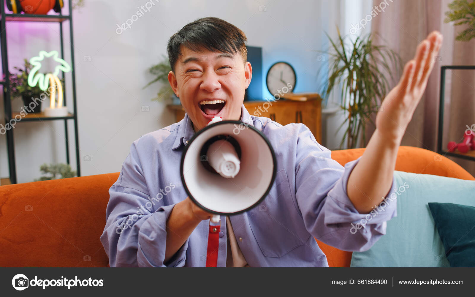 Asian Handsome Man Talking Megaphone Proclaiming News Loudly Announcing ...