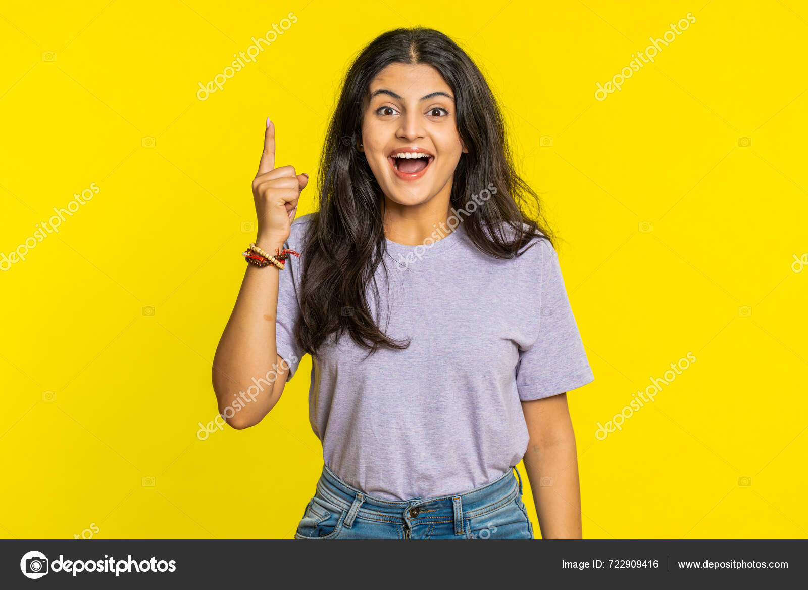 Eureka Inspired Indian Woman Pointing Finger Open Mouth Having Good ...