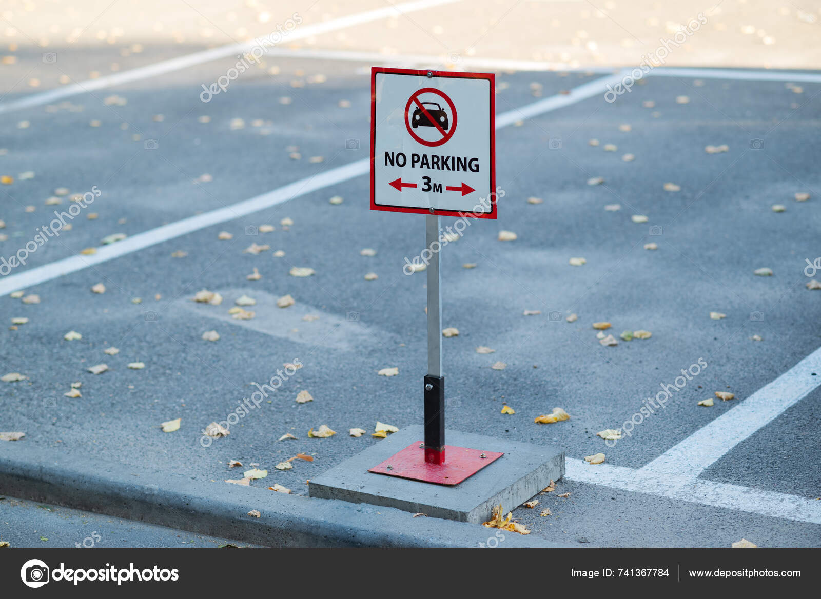 Parking Sign Empty Parking Lot Pavement Partially Covered Fallen Leaves ...