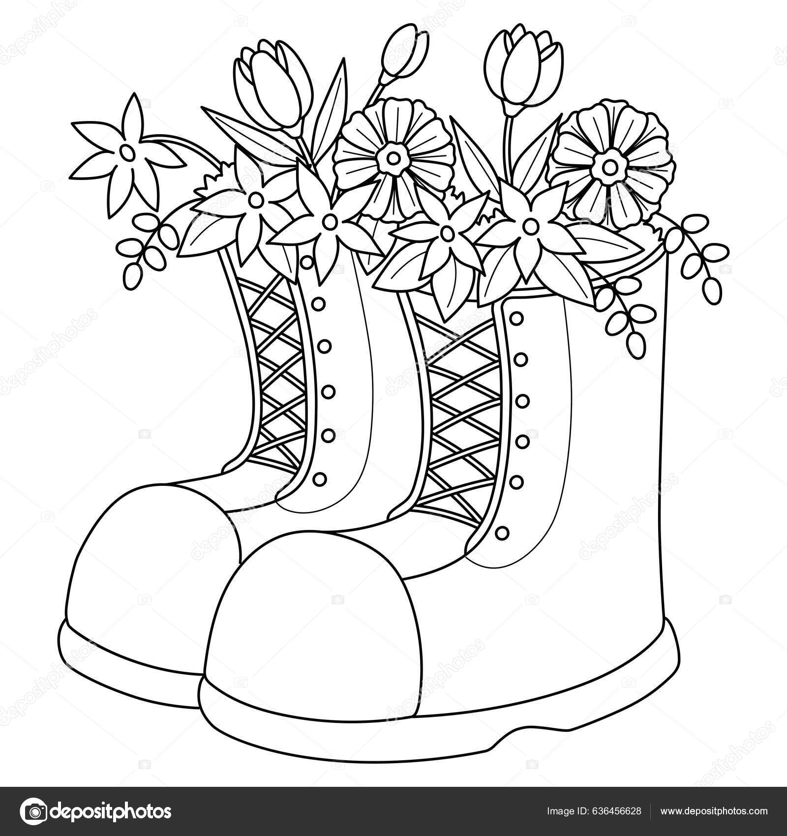 Cute Funny Coloring Page Spring Boots Flowers Provides Hours Coloring ...