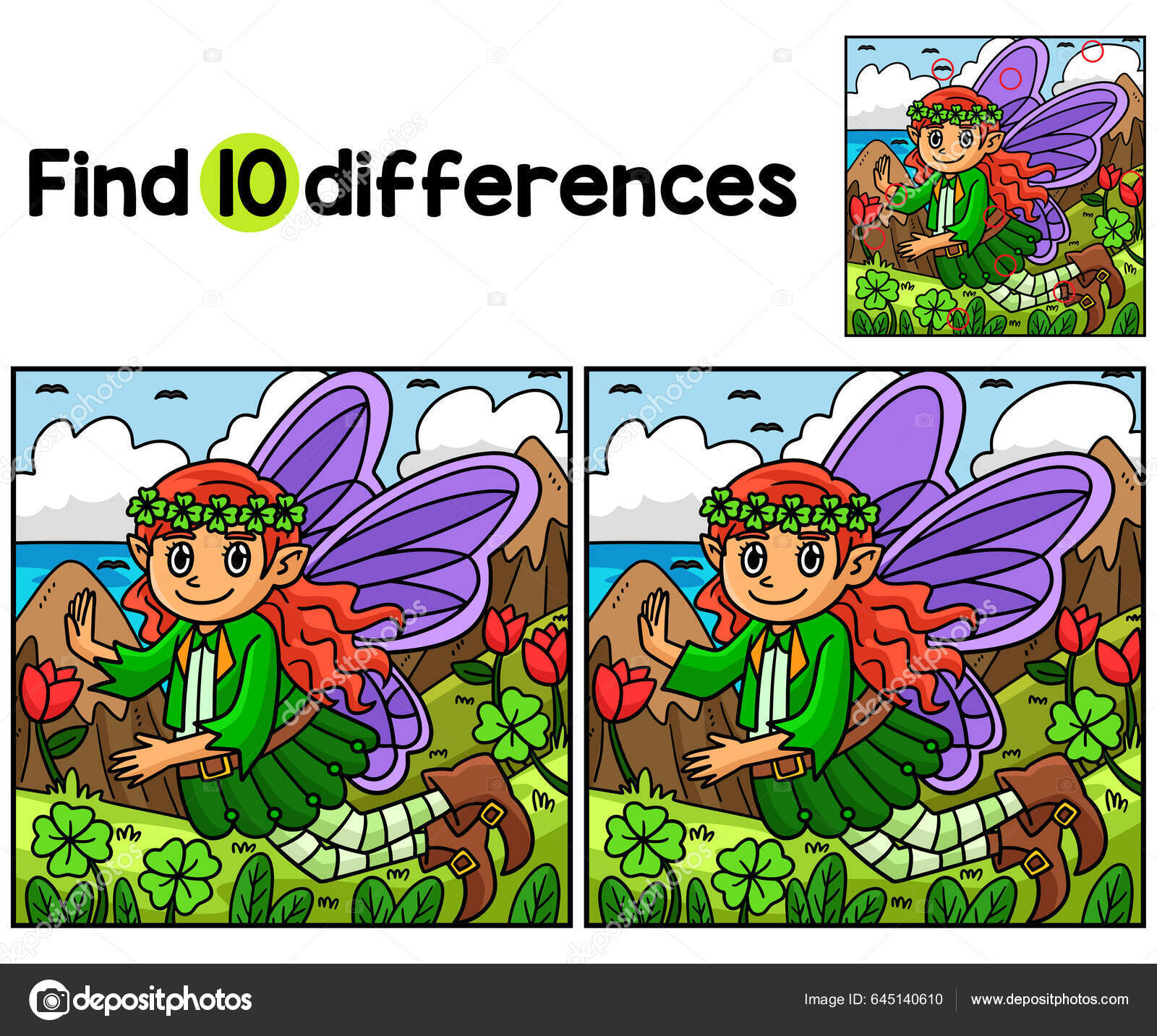 Find Spot Differences Saint Patricks Day Shamrock Fairy Kids Activity ...