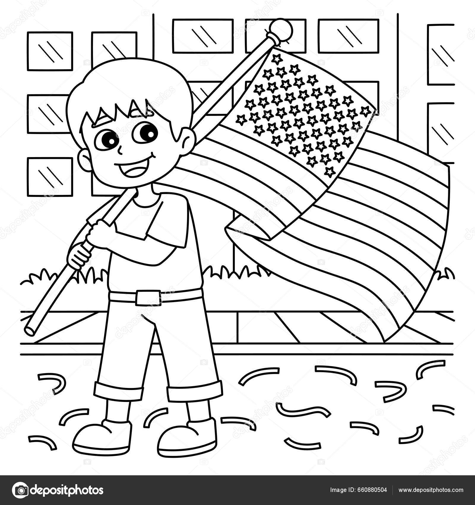 Cute Funny Coloring Page 4Th July Boy Holding American Flag Stock ...