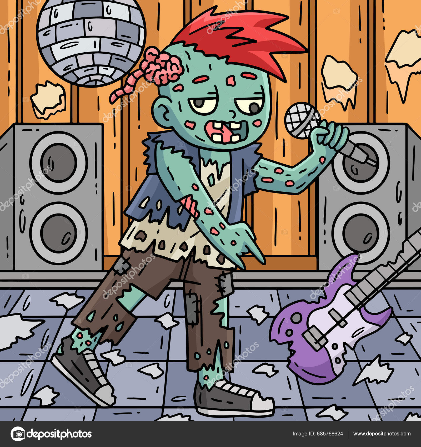 Este Clipart Dos Desenhos Animados Mostra Uma Ilustração Zombie Rocker ...