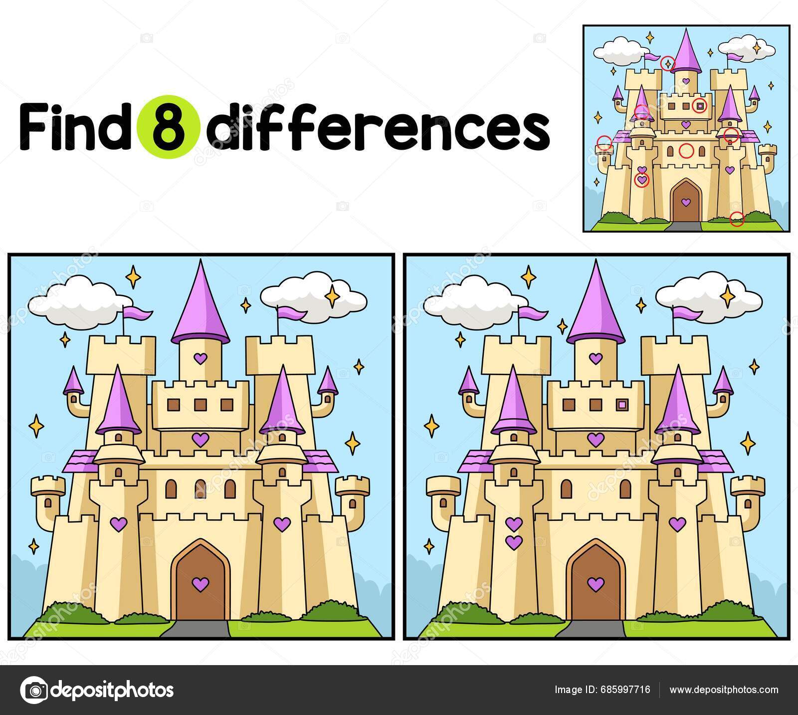 Find Spot Differences Big Castle Kids Activity Page Funny Educational ...