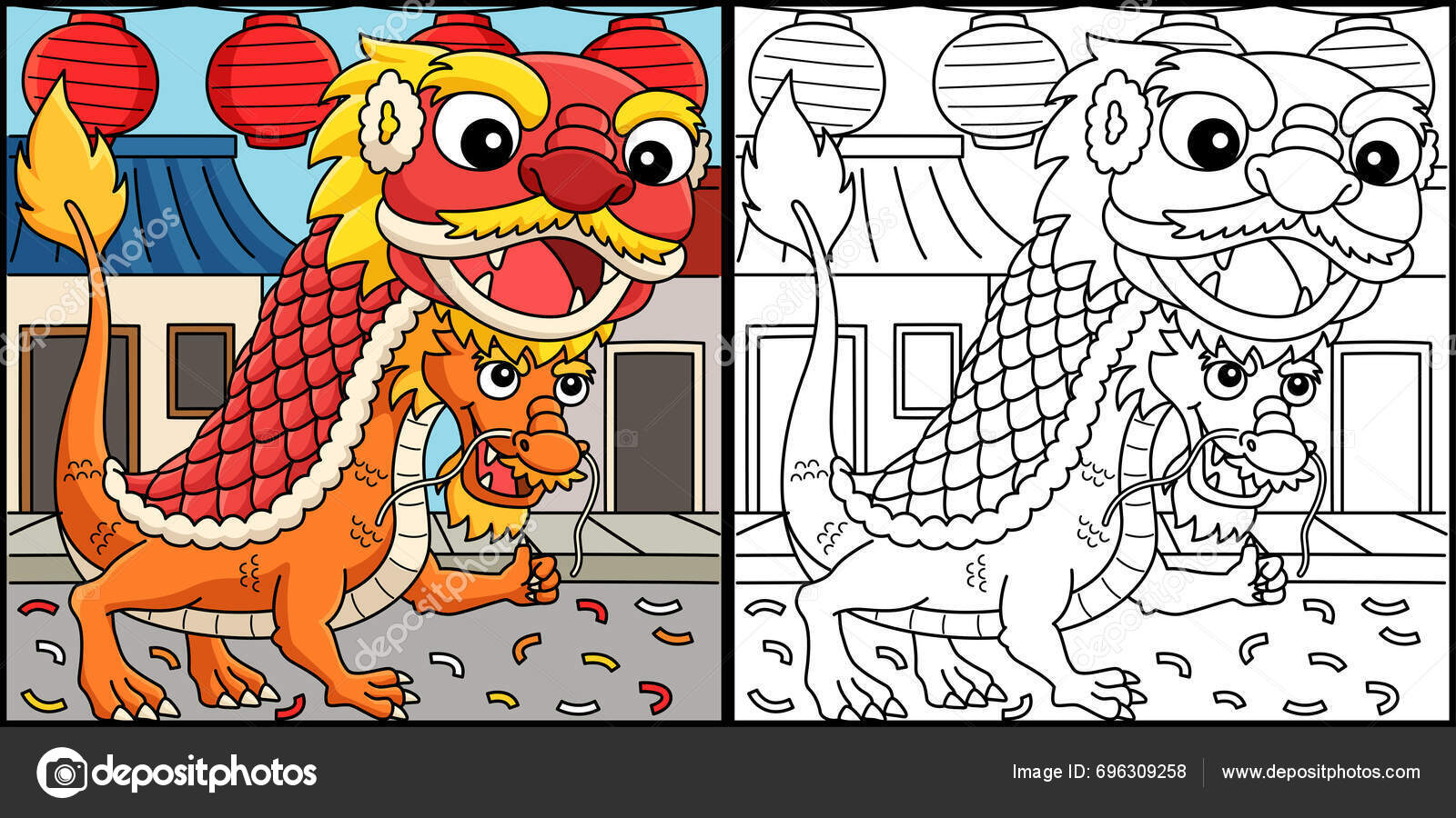 Coloring Page Shows Year Dragon Chinese Dragon Dance One Side Stock Vector by ©abbydesign 696309258