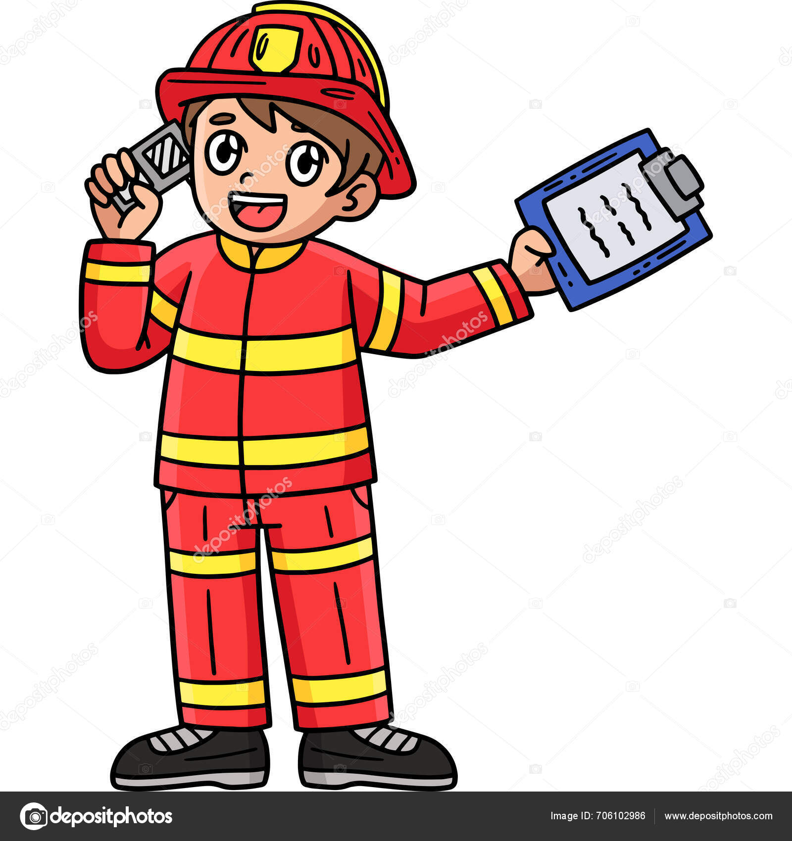 Cartoon Clipart Shows Firefighter Receiving Call Illustration Stock ...
