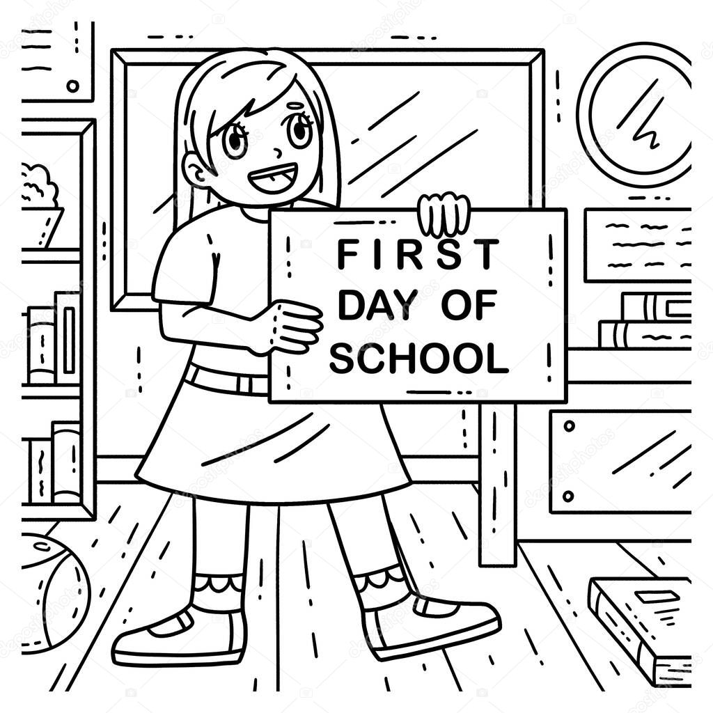 Una página para colorear linda y divertida de un primer día de escuela ...