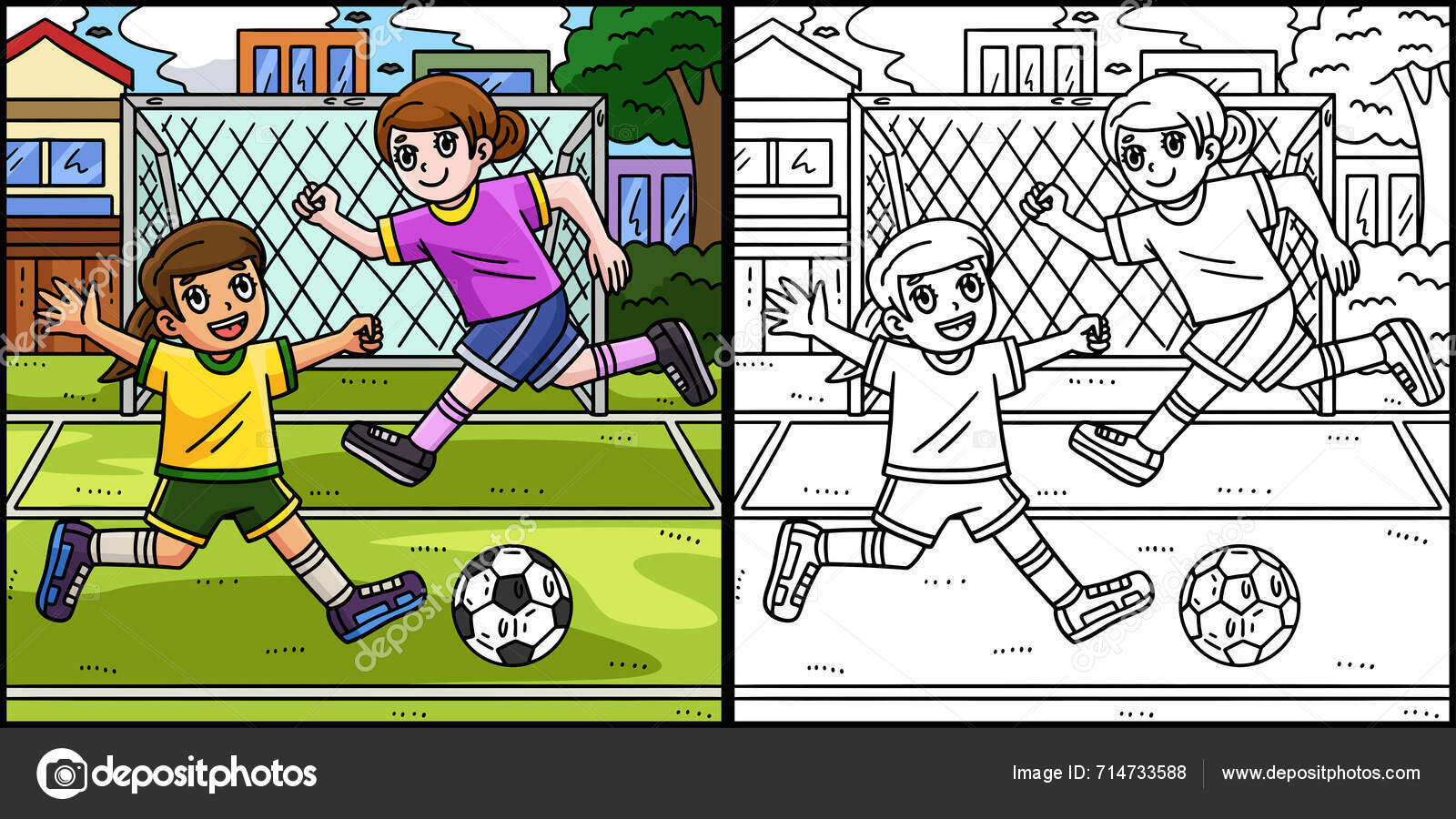 Image vectorielle Cette Page Colorier Montre Des Filles Jouant Football ...