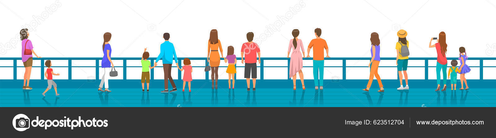 Group People Walk Back View Characters Stand Fence Looking Distance ...