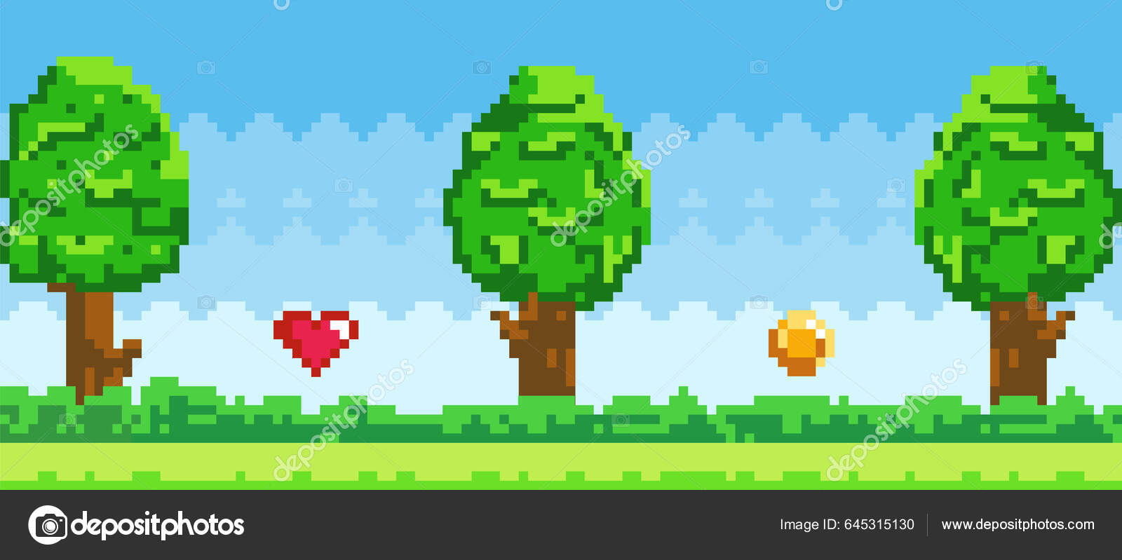 Pixel Arte Jogo Fundo Com Árvores Chão Grama Céu Interface Vetor de ...