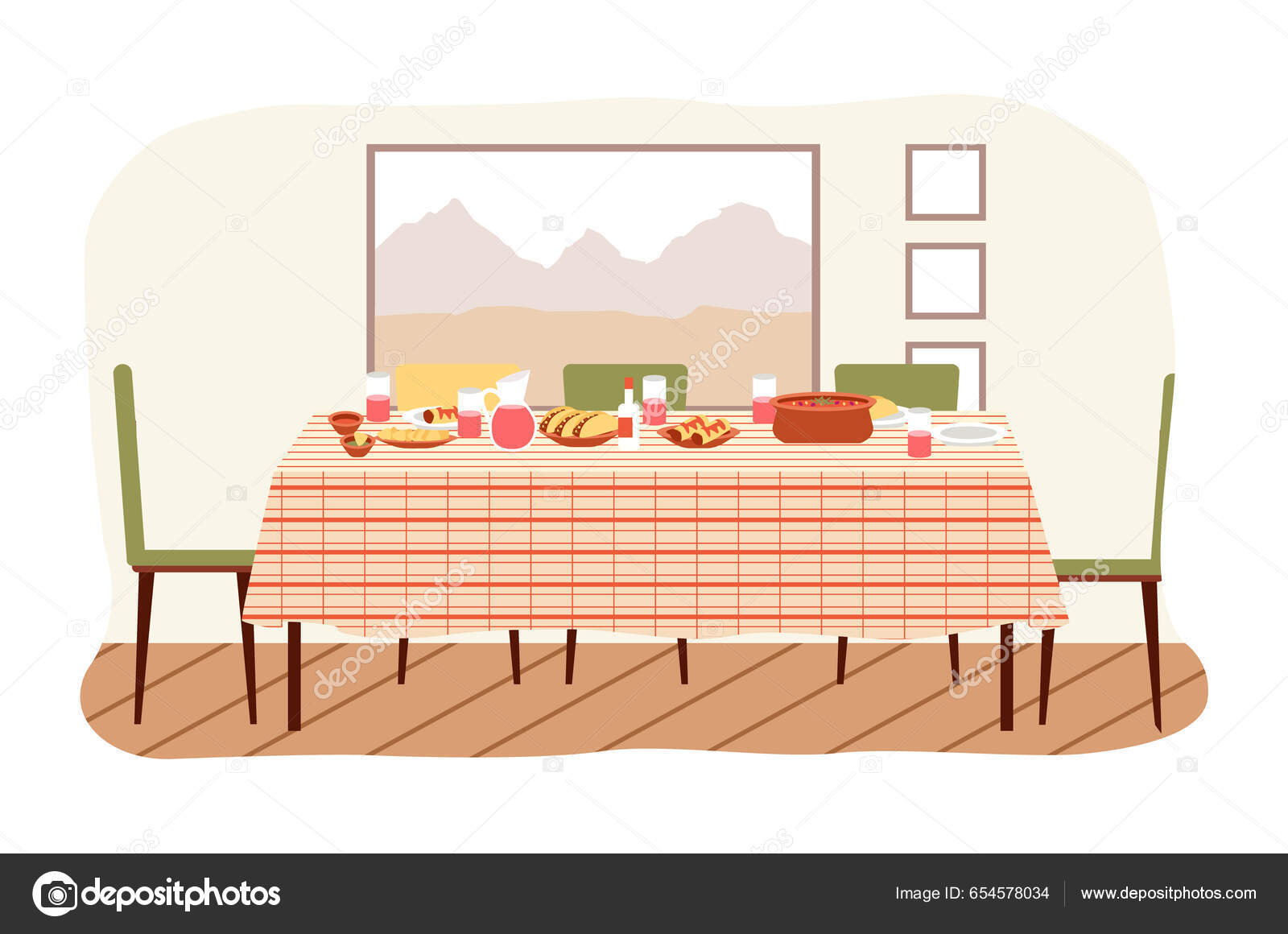 Diseño Del Comedor Ilustración Vectorial Plana Mesa Comedor Con Comida ...