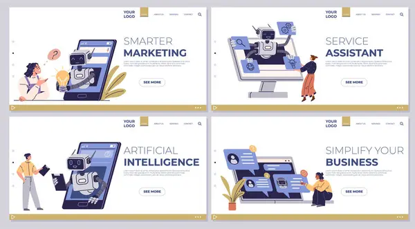Cuatro paneles con ilustraciones de robots que destacan la IA en marketing, negocios y servicio ...