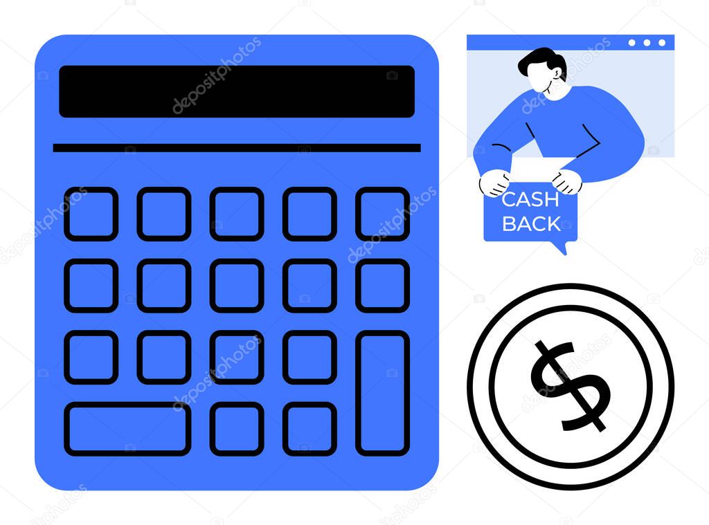 Calculadora azul grande, persona sosteniendo Cash Back signo en la ...