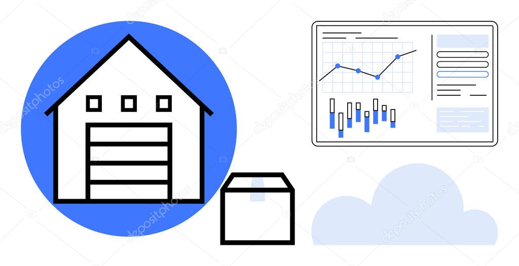 Edificio de almacén, caja de almacenamiento y panel de análisis con gráficos y gráficos. Ideal ...