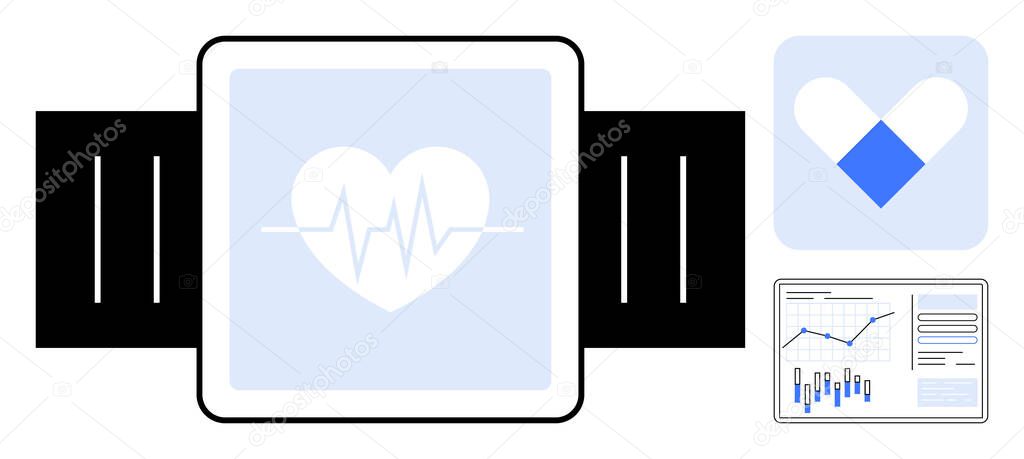 Símbolo del corazón con ECG en smartwatch, icono de la aplicación de salud y gráfico de análisis ...
