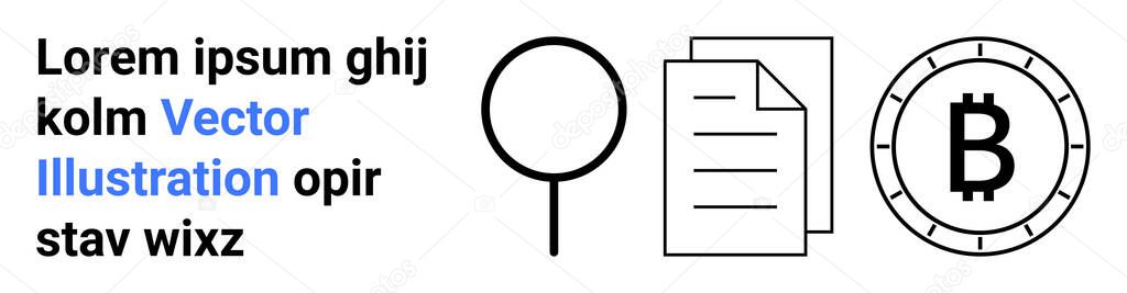 Lupa, documento, símbolo de Bitcoin y texto de muestra en negro y azul ...