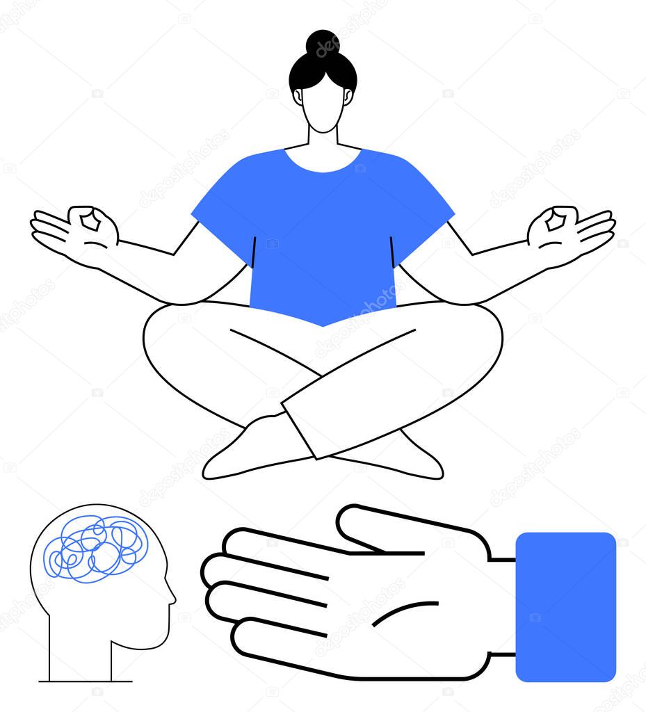 Persona meditando en camisa azul, piernas cruzadas, dos manos en pose ...