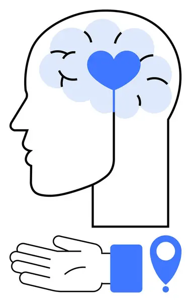 Cabeza con cerebro y corazón, mano extendida, marcador de ubicación ...