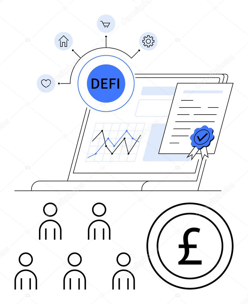 Portátil que muestra gráficos y documentos, token DEFI, símbolo de moneda, iconos de usuario ...
