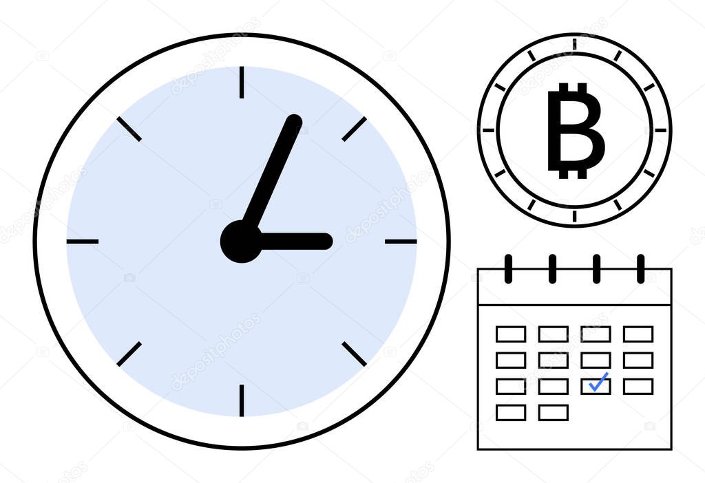 Reloj que muestra el tiempo, símbolo de Bitcoin que representa ...