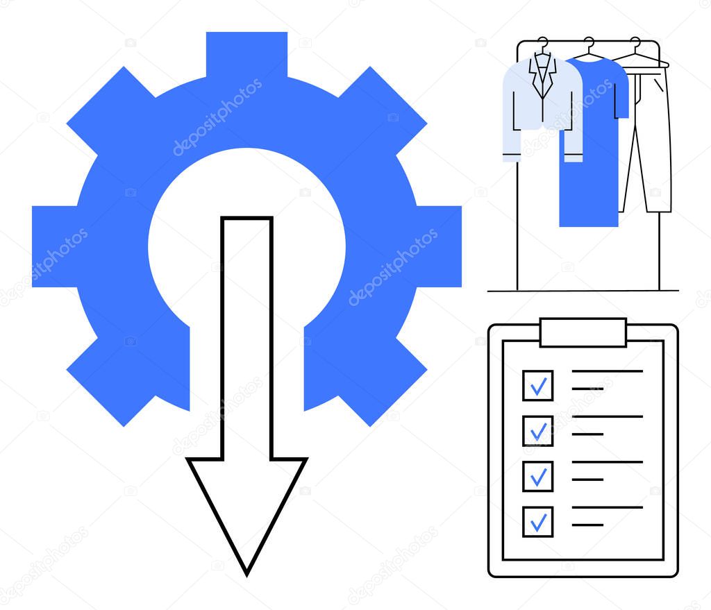 Equipo azul con flecha hacia abajo, ropa colgada en un estante y una ...