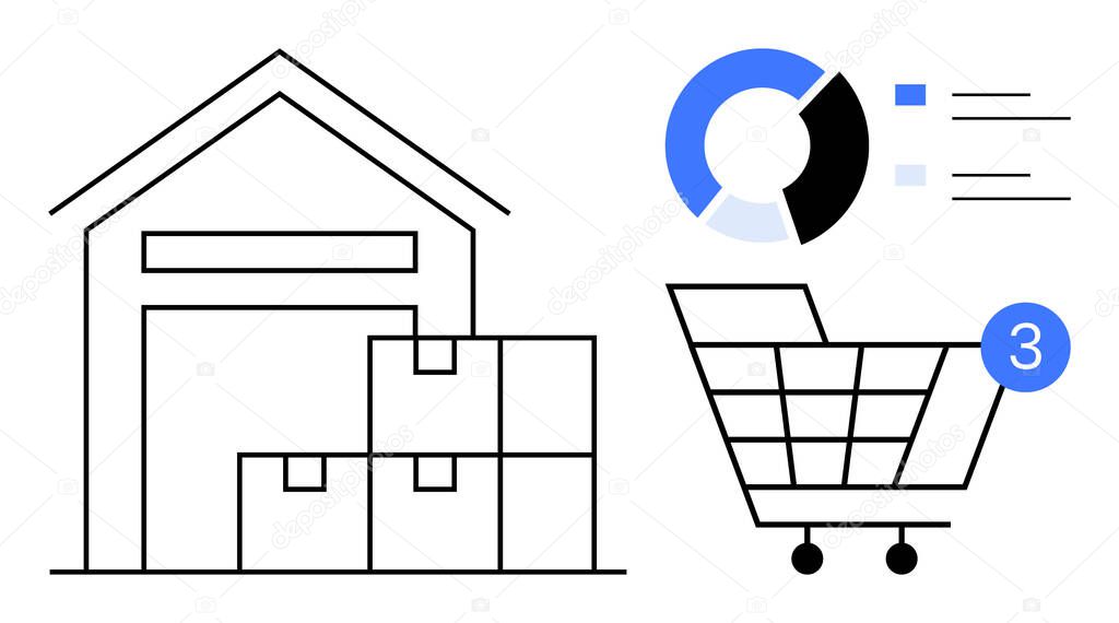 Almacén con cajas, carrito de compras con icono de notificación ...