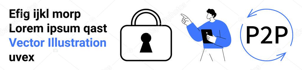 Persona con tableta, icono de bloqueo y símbolo P2P. Ideal para ...
