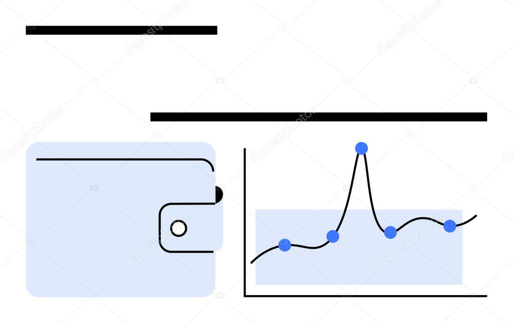 Cartera azul y gráfico de línea con picos de puntos significan ...