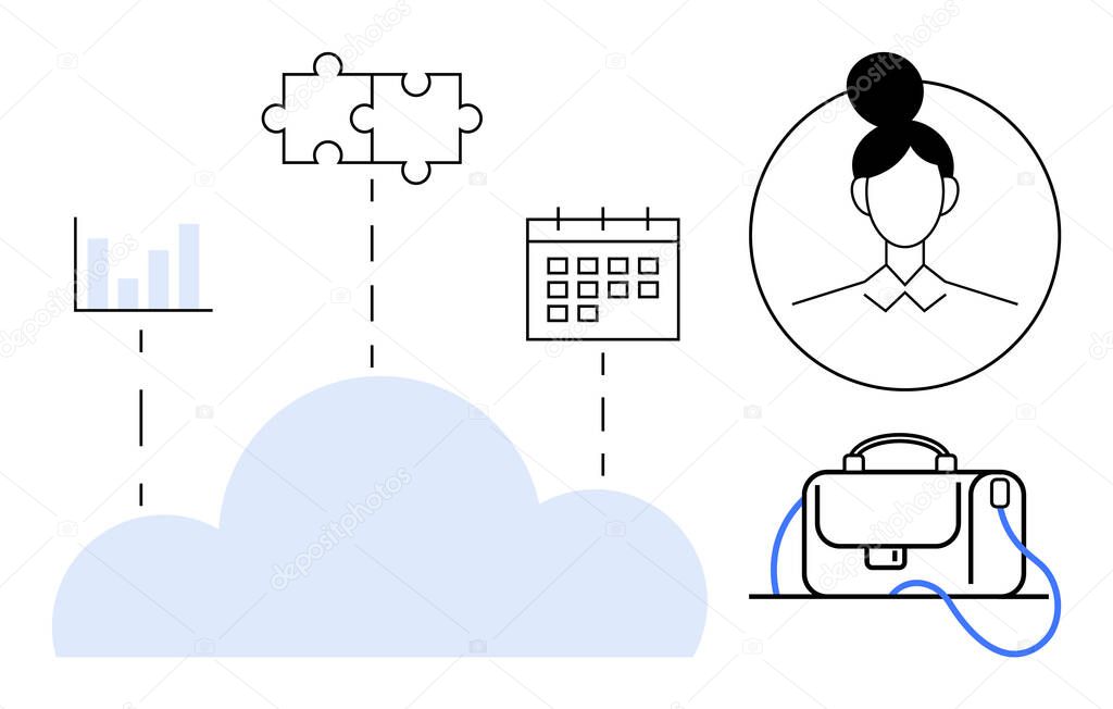 Cloud icon connected to bar chart, puzzle pieces, calendar, profile ...