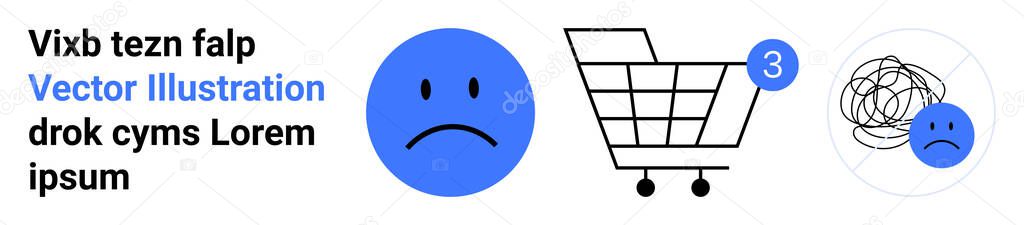 Cara triste azul emoción, carrito de compras con notificación, garabato ...