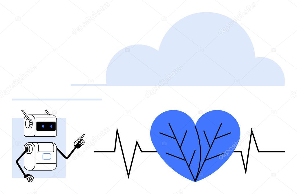 Robot apuntando hacia una línea de latidos que conduce a un corazón ...