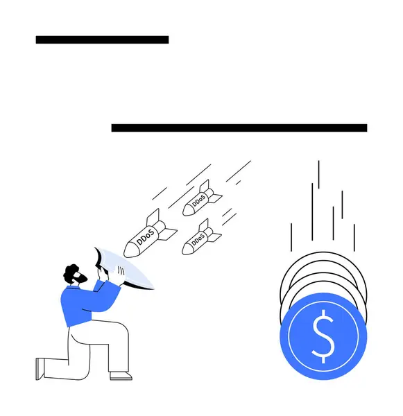 Person with a shield blocking DDoS missiles aimed at coins. Ideal for ...