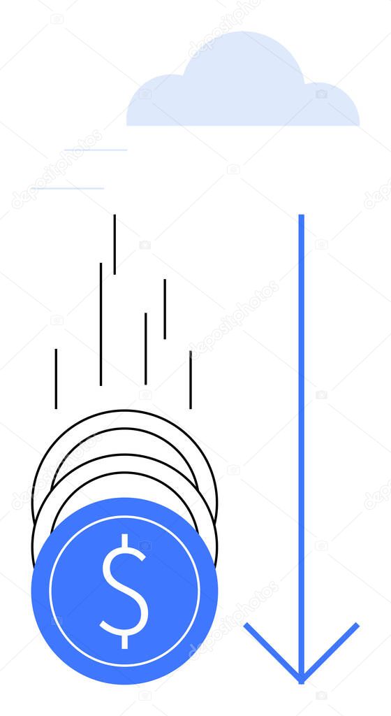 Caída de monedas con signo de dólar y flecha hacia abajo que indica ...