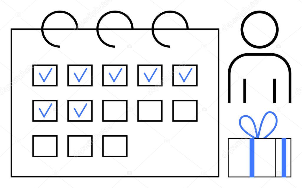 Calendario con días marcados con cheque, regalo y figura humana que ...