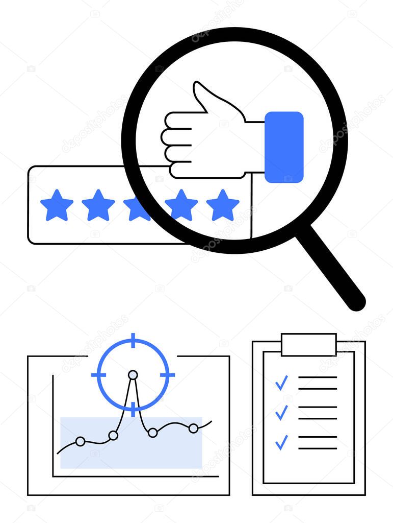 Magnifying glass over thumbs-up and star ratings, chart with target ...