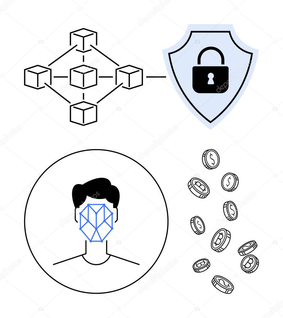 Red de cadena de bloques con bloques, escudo y bloqueo para la ...