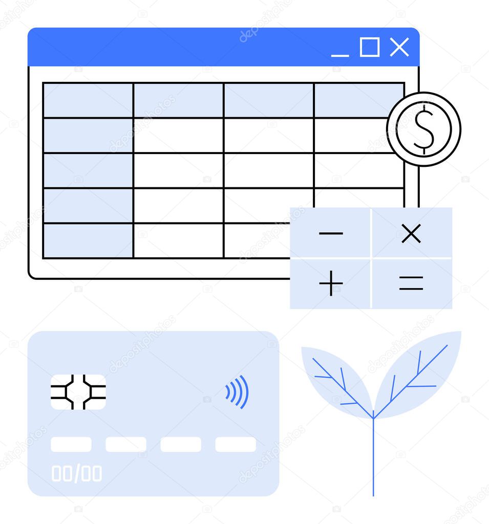 Hoja de cálculo con tablas, iconos de calculadora, tarjeta de pago y ...