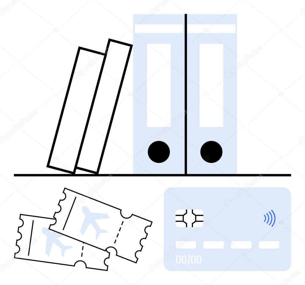 Billetes de avión, tarjeta de crédito con chip y dos carpetas de ...
