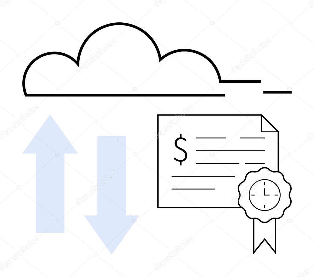Nube con flechas de transferencia de datos y certificado financiero con sello de reloj, que ...