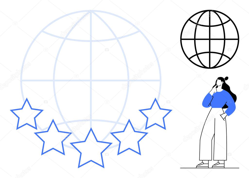 Globo con líneas de cuadrícula, cinco estrellas, y una figura reflexiva ...