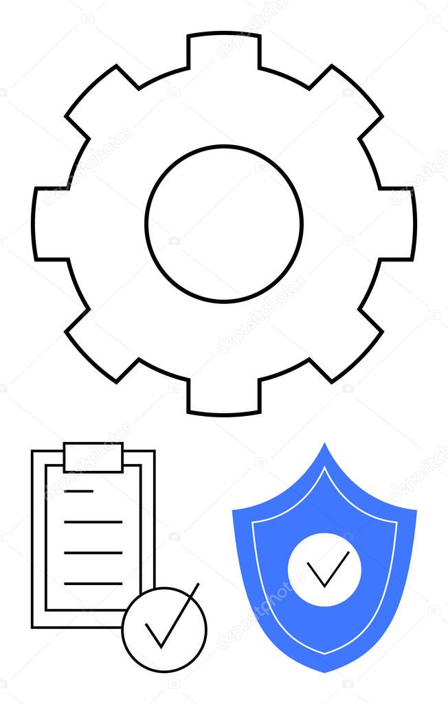 Gear for process, checklist with tick for tasks, and shield with ...