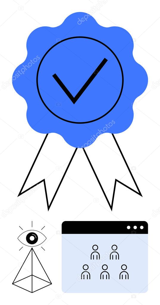 Medalla de premio con cinta, marca de verificación para aprobación, ojo ...