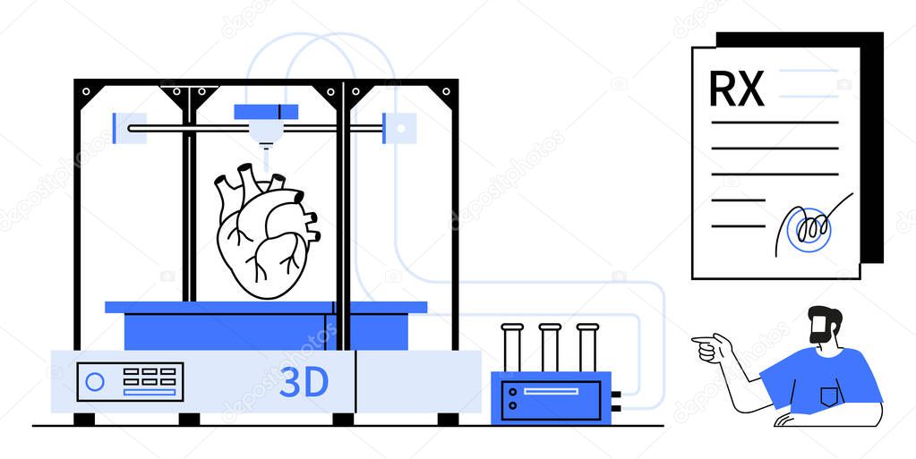 Impresora 3D creando modelo de corazón humano, doctor explicando ...